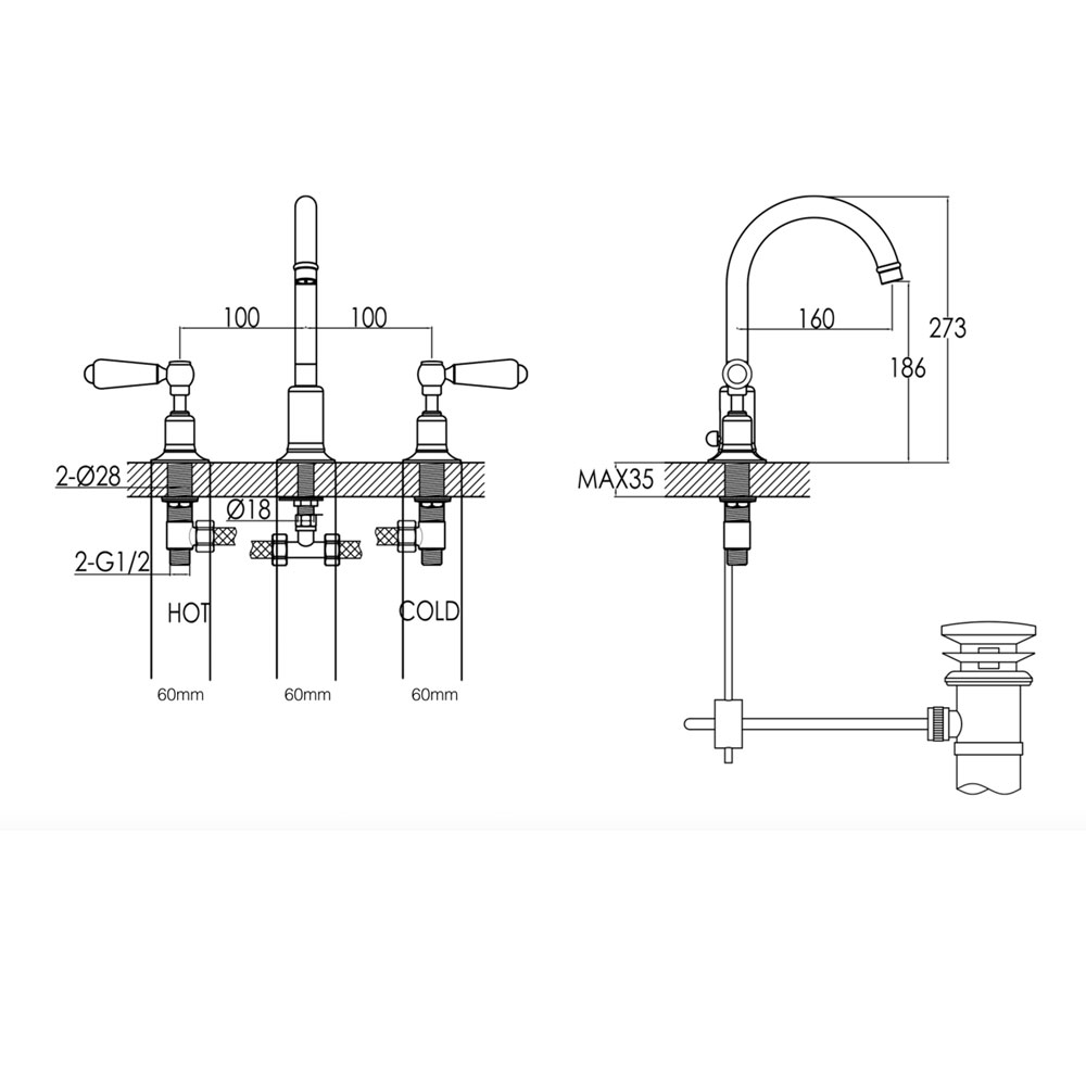 JTP Grosvenor Lever Chrome 3 Hole Basin Mixer Tap with Pop Up Waste - 85191