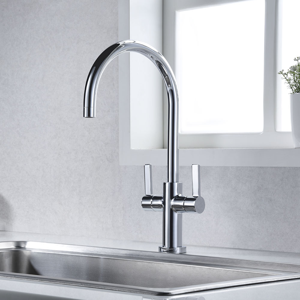 Clearwater Auva C Twin Lever Chrome Monobloc Kitchen Sink Mixer Tap - AU2CP