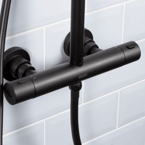 Bristan Buzz Black Exposed Bar Shower Valve Kit With Rigid Riser and Diverter BUZ SHXDIVCTFF BLK ...
