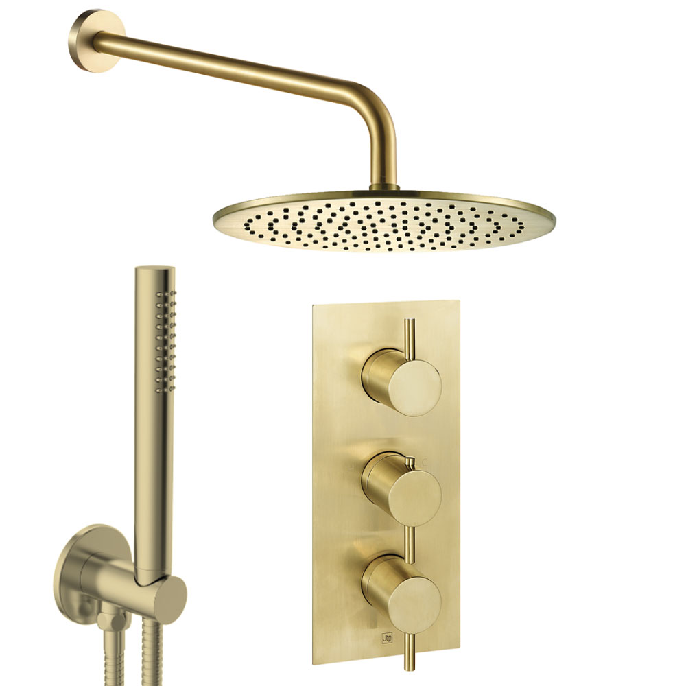 JTP VOS Brushed Brass Thermostatic Two Outlet Shower Kit with 3 Handle ...
