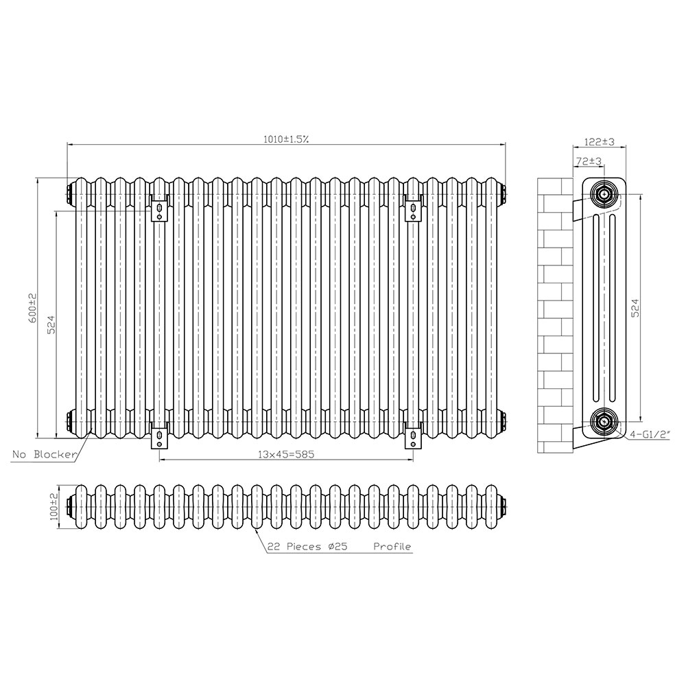 Eastbrook Imperia 600 x 1010 Matt Anthracite 3 Column Radiator - 41.0416