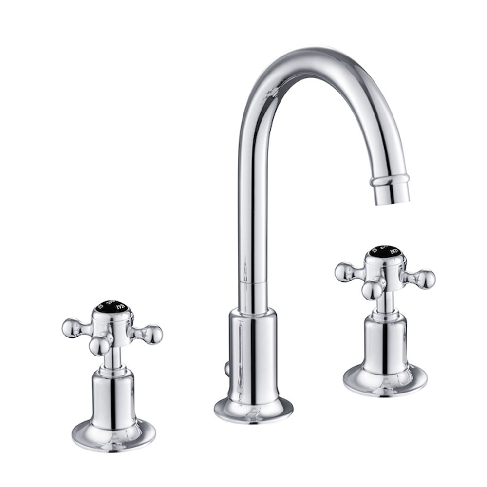 JTP Grosvenor Cross Chrome 3 Hole Basin Mixer Tap with Pop Up Waste and Black Indices - GB76191