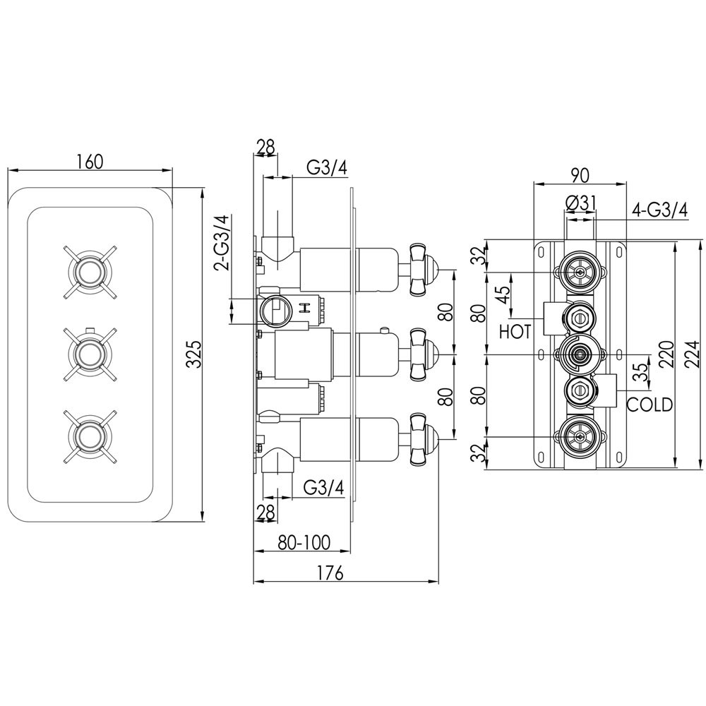 JTP Grosvenor Pinch Chrome Vertical Two Outlet Three Handle ...