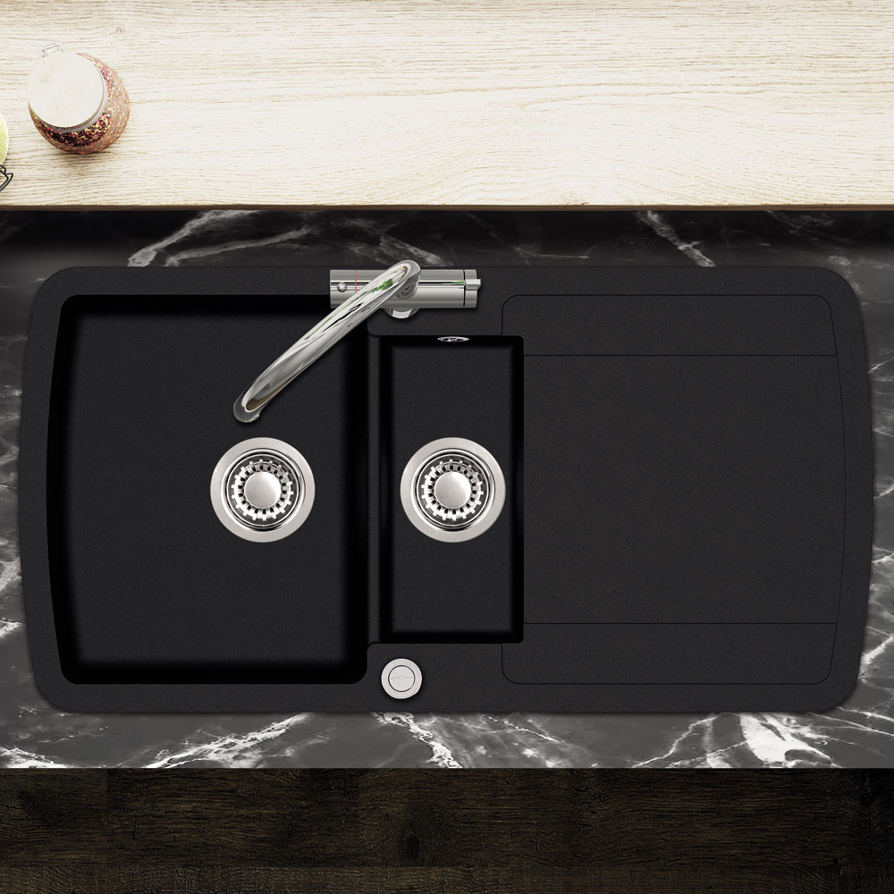 Clearwater Gemini 1.5 One and a Half Bowl Inset Jet Granite Kitchen ...