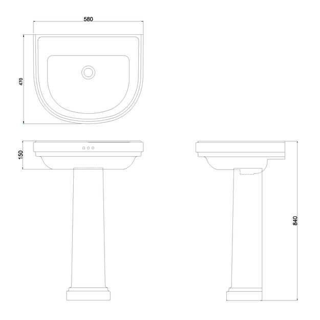 Burlington Riviera 580mm D Shaped 0 Tap Hole Basin with Full Pedestal ...