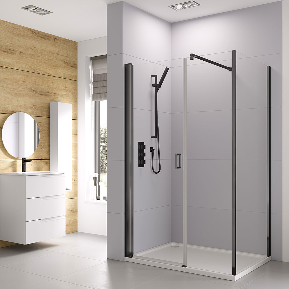 Roman Showers Haven 6 Black Frameless 1400 Pivot Shower Door and Inline Panel - H3FP1CB-H3FHR14CB