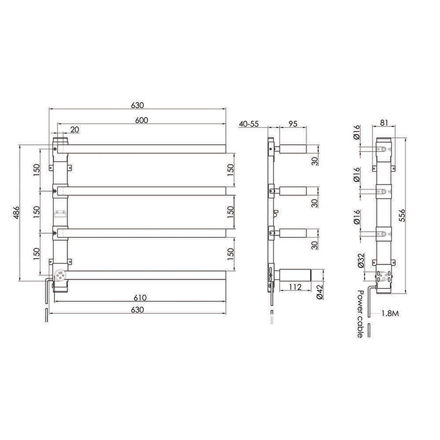 JTP Zyon Chrome 486 x 600 Designer Electric Towel Rail - ZY600ECH