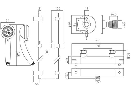 Vado Prima Thermostatic Multi Function Slide Rail Shower Kit Package ...